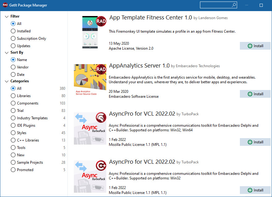 GetIt Package Manager Window - RAD Studio GetIt Package Manager Window - RAD Studio